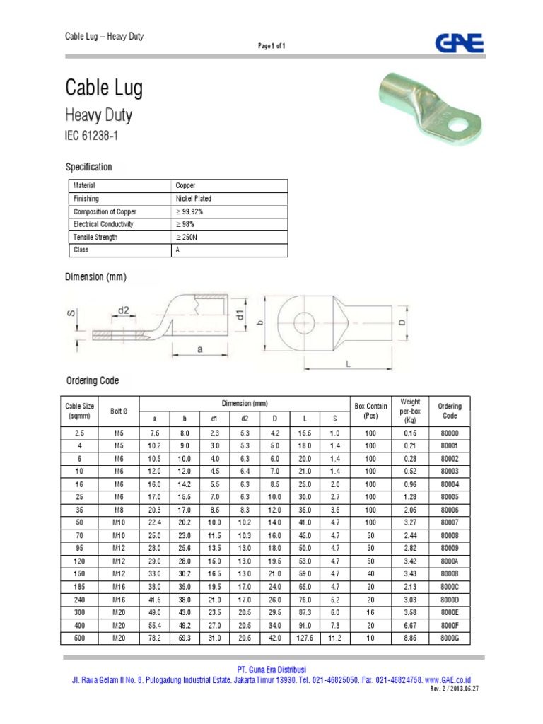 Cable Lug Size Chart and Specs | PDF | Metals | Building Engineering