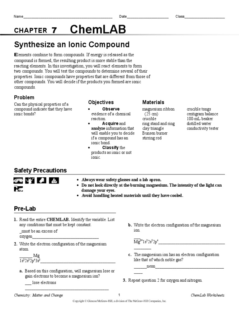 ChemLab Synthesize An Ionic Compound Student Editable | PDF | Magnesium ...