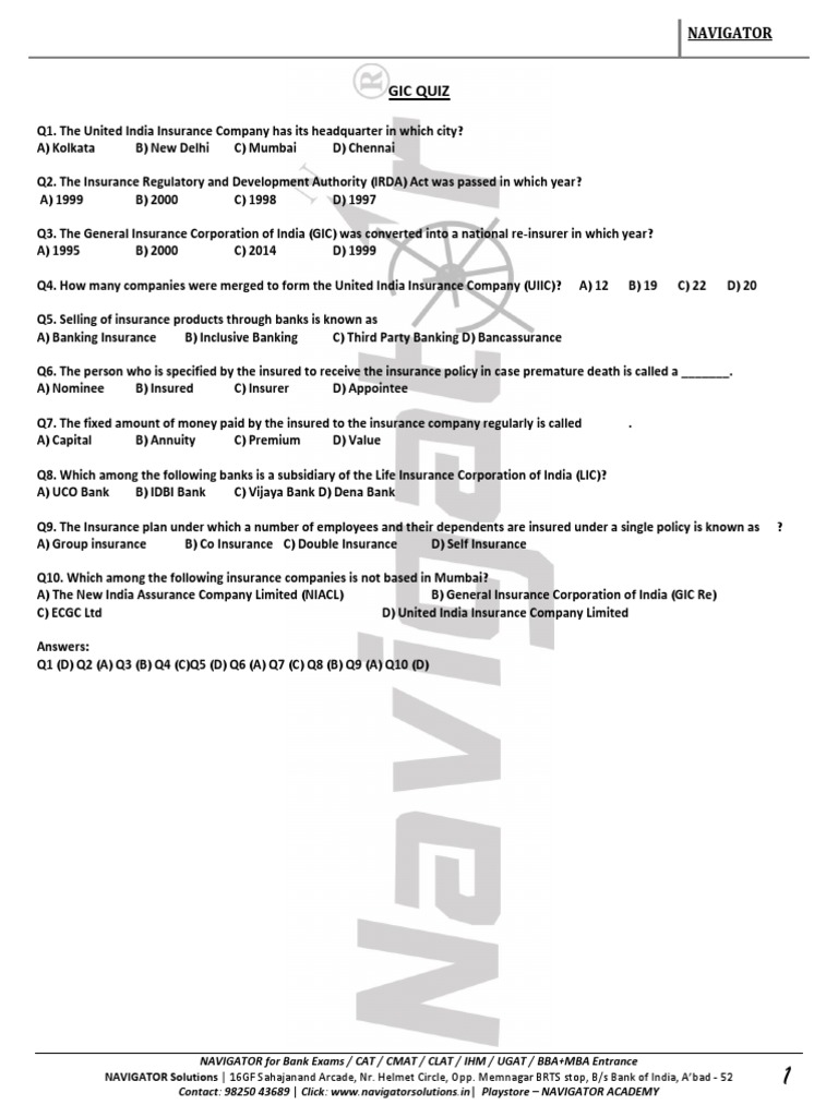 General Insurance Quiz For Bank and Insurance Aspirants and Ib | PDF ...