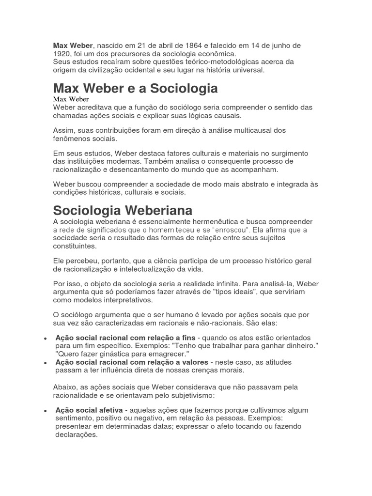 Max Weber E A Sociologia Weberiana Pdf Max Weber Sociologia