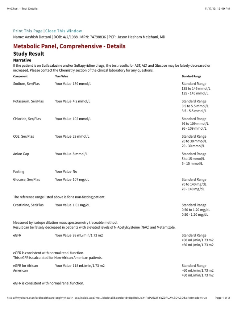 Metabolic Panel | PDF | Renal Function | Medical Specialties
