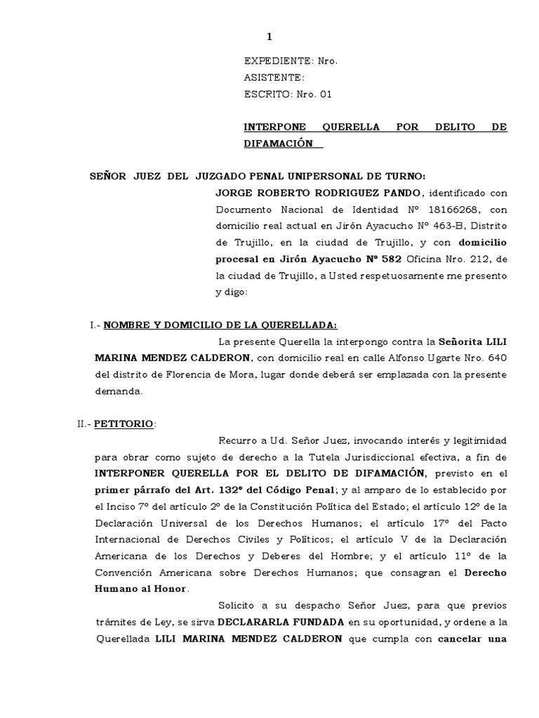 Querella por Difamación en Trujillo | PDF | Queja | Derecho penal