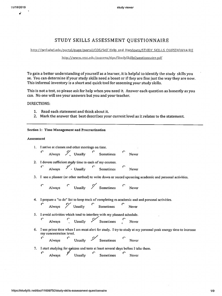 Activity 1 STUDY SKILLS ASSESSMENT QUESTIONNAIRE Sample PDF | PDF