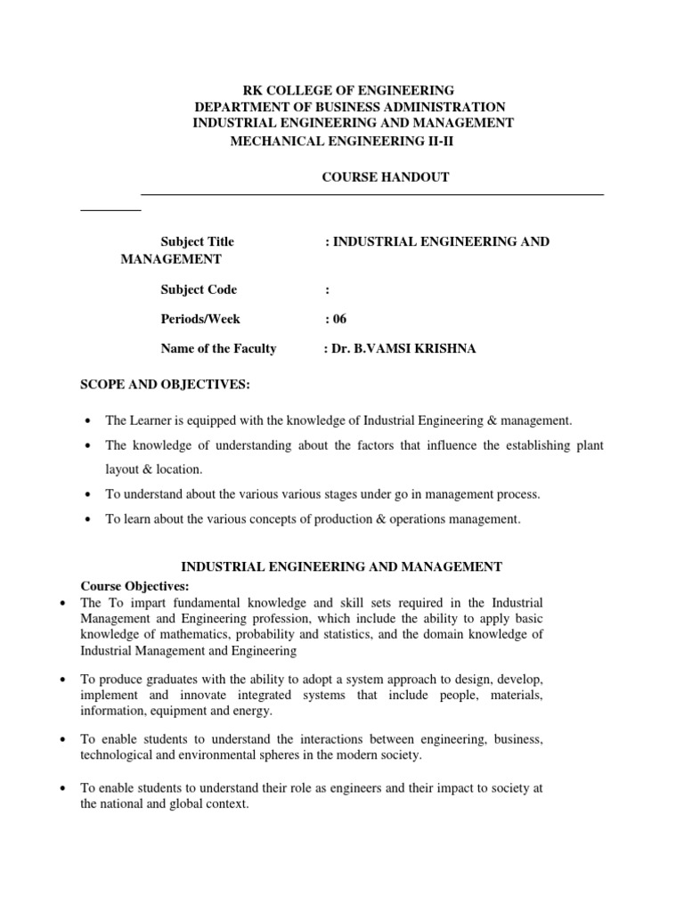 Course Handout on Industrial Engineering and Management providing an ...