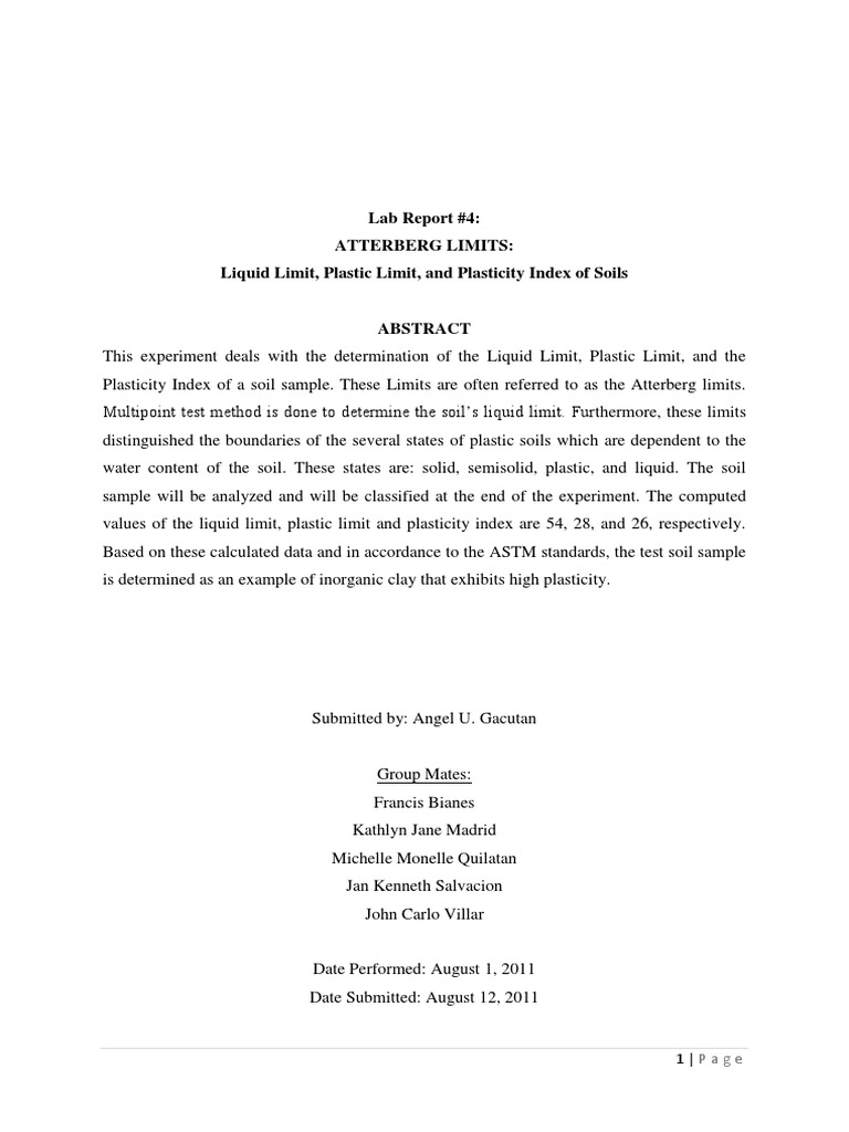 CE 162 LAB #4 ATTERBERG LIMITS: Liquid Limit, Plastic Limit, and ...