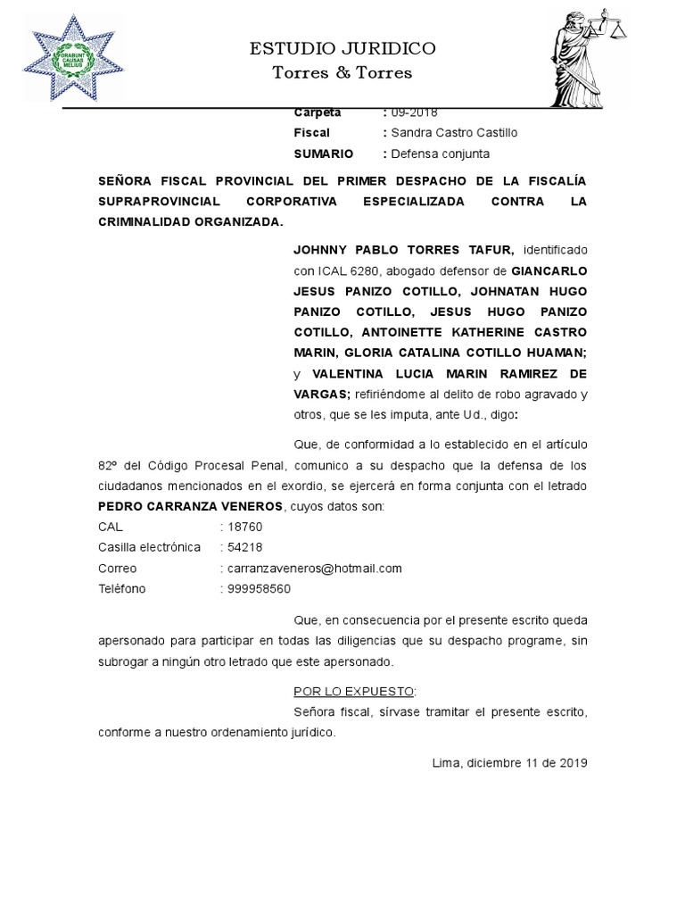 ESCRITO 02 - Defensa Conjunta - 2 Abogado | PDF