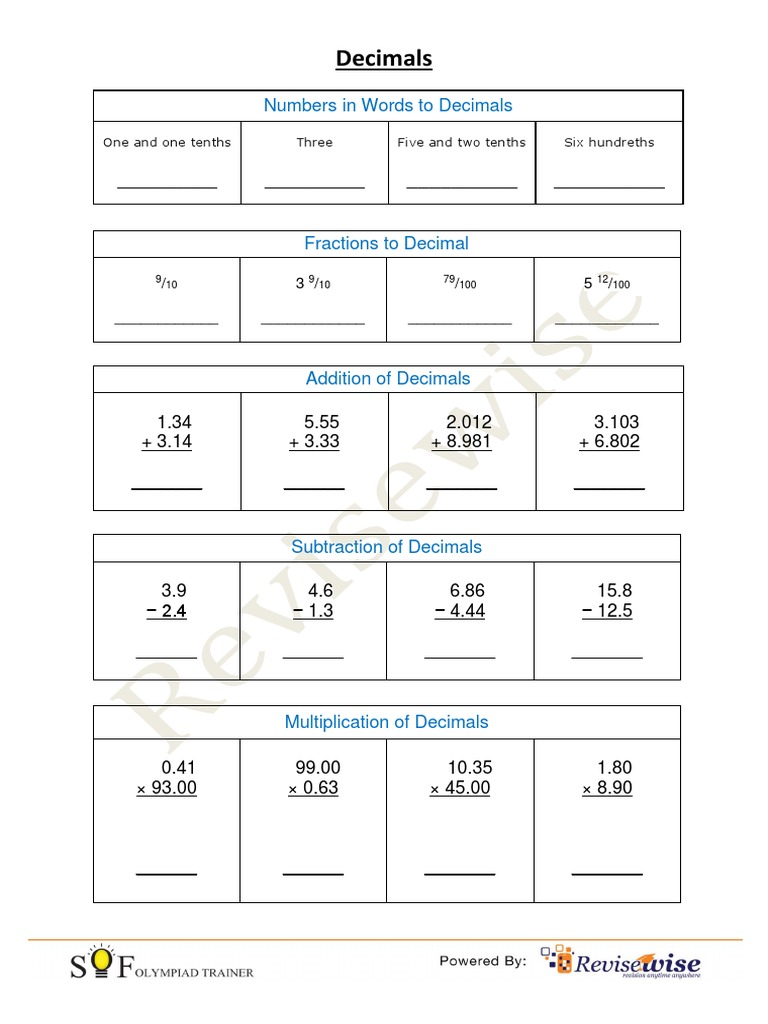 Class 5 Decimals | PDF | Decimal | Fraction (Mathematics)