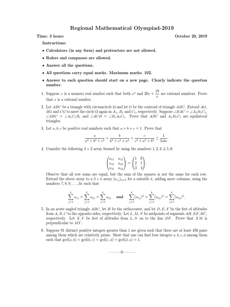 RMO Question Paper 2019 | PDF | Classical Geometry | Triangle Geometry