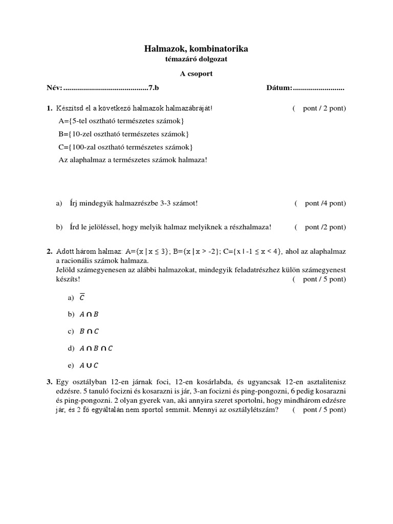 Halmazok, Kombinatorika Témazáró Dolgozat A | PDF