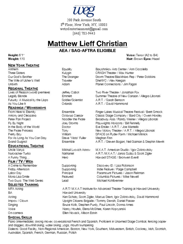 Matthew Christian: Actor Resume | PDF | Performing Arts | Entertainment