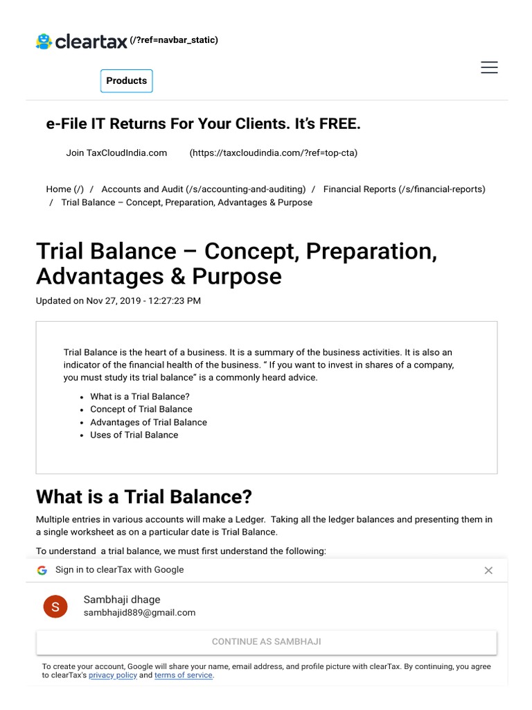 Trial Balance: Concept and Advantages | PDF | Debits And Credits ...