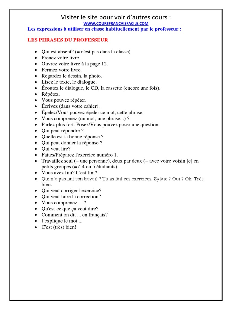 Les Expressions Les Plus Utilisées en Classe de Français | PDF | Langue ...