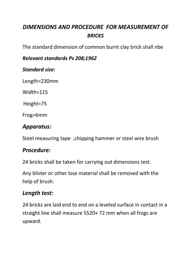 Dimensions and Procedure For Measurement of Bricks | PDF