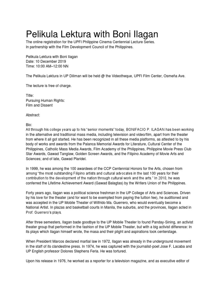Pelikula Lektura With Boni Ilagan | PDF | Mass Media | Philippines