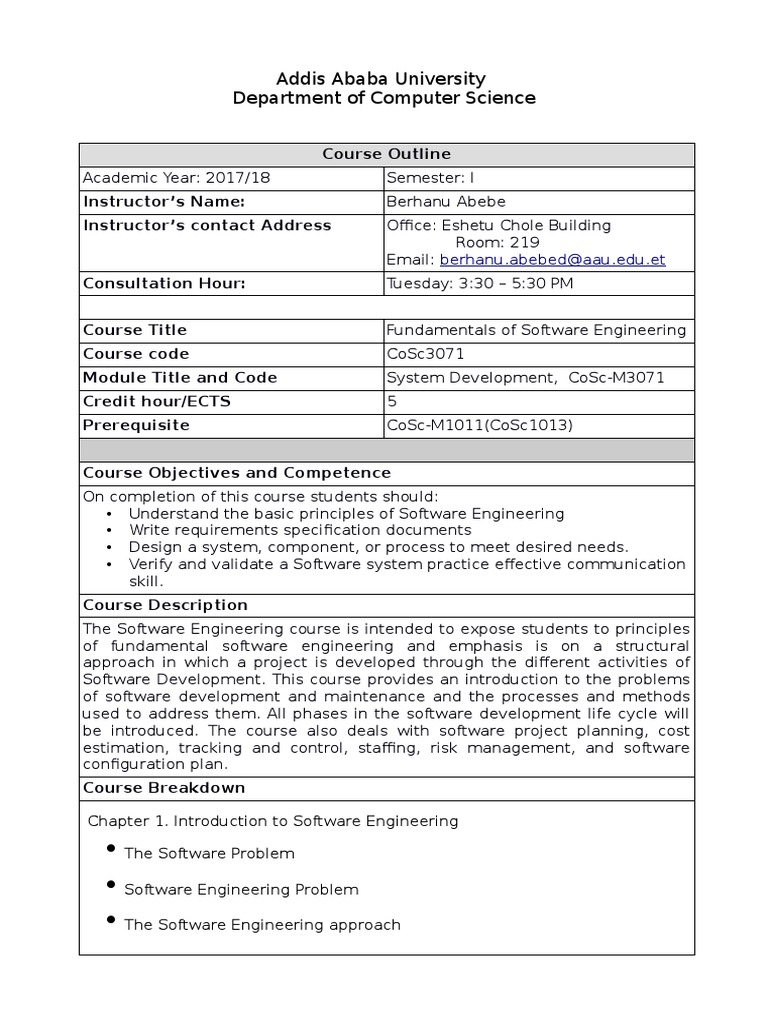 Fundamentals of Software Engineering Course Outline 2017 | PDF ... Fundamentals of Software Engineering Course Outline 2017 | PDF ...