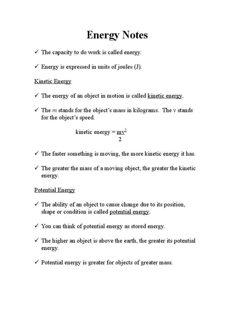 Energy Notes 1 | PDF | Potential Energy | Kinetic Energy