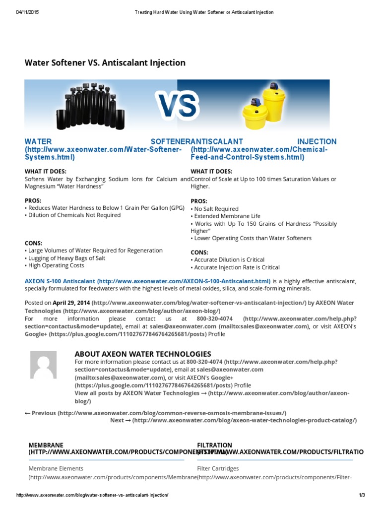 Treating Hard Water Using Water Softener or Antiscalant Injection | PDF ...