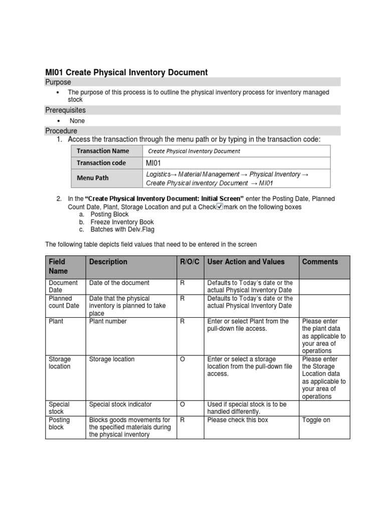 MI01 Create Physical Inventory Document | PDF | Warehouse | Inventory