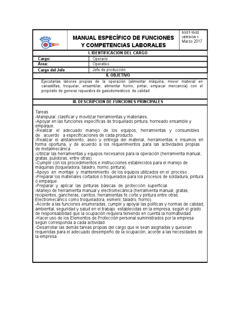 DSST-10-02 Manual de Funciones Operario | PDF | Herramientas | Perforar
