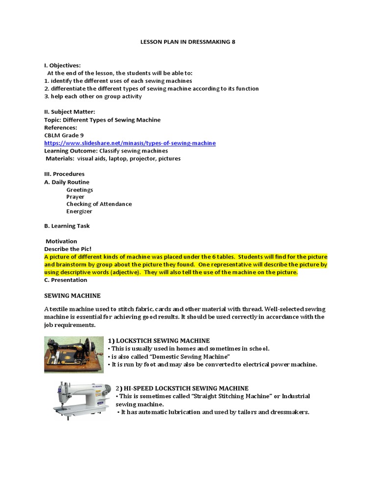 Lesson Plan Integration (Types of Sewing Machine) | PDF | Sewing ...