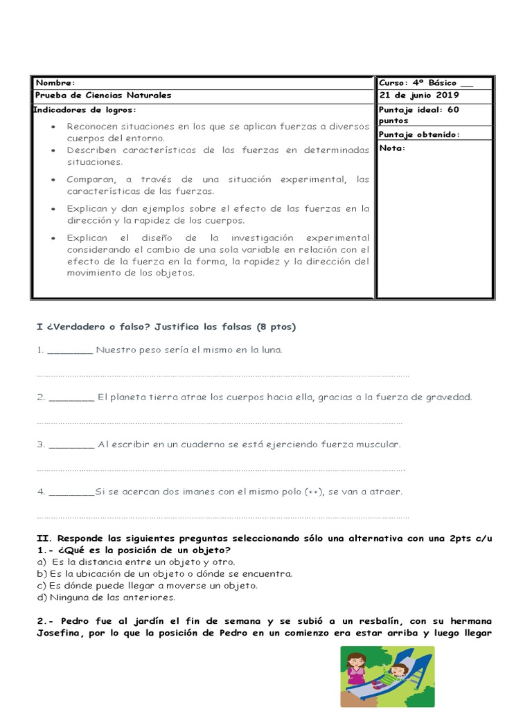 Prueba Fuerza y Movimiento Ciencias 4° Basicos | PDF | Gravedad | Fuerza