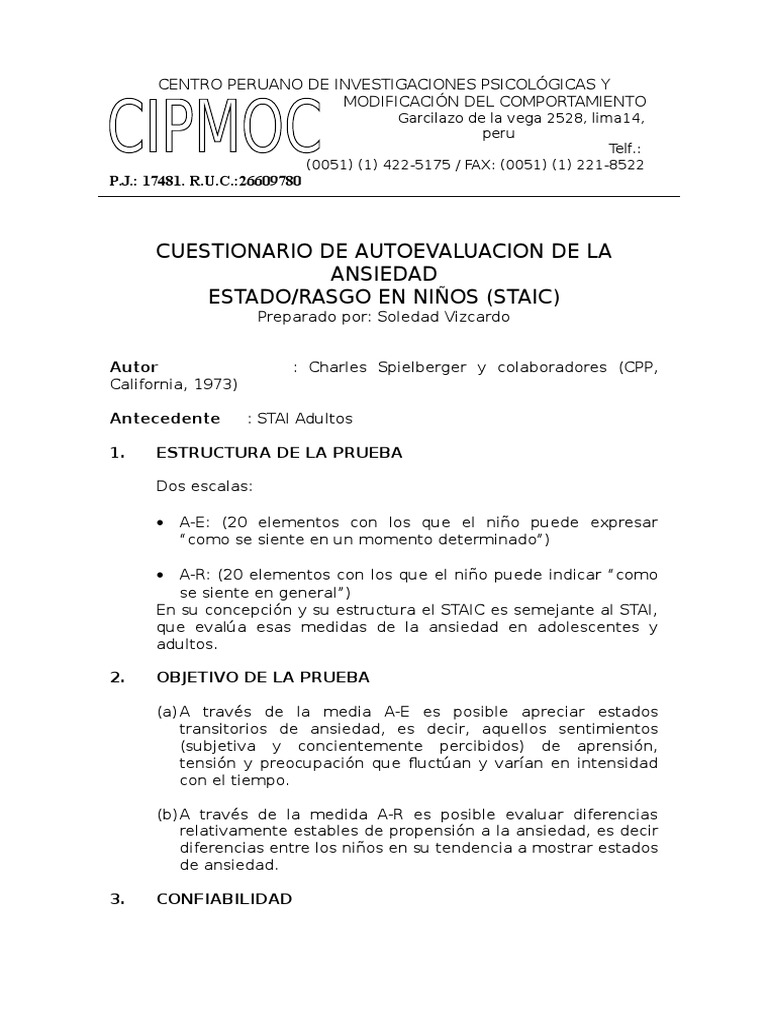 Cuestionario STAIC para Niños | PDF | Las emociones | Psicologia POSITIVA