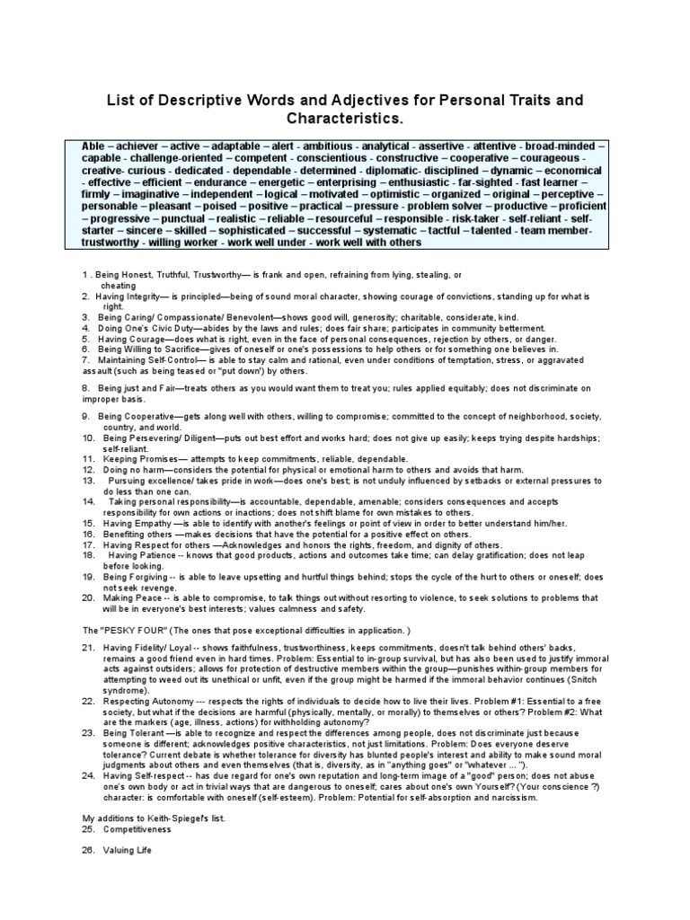 List of Descriptive Words and Adjectives For Personal Traits and ...