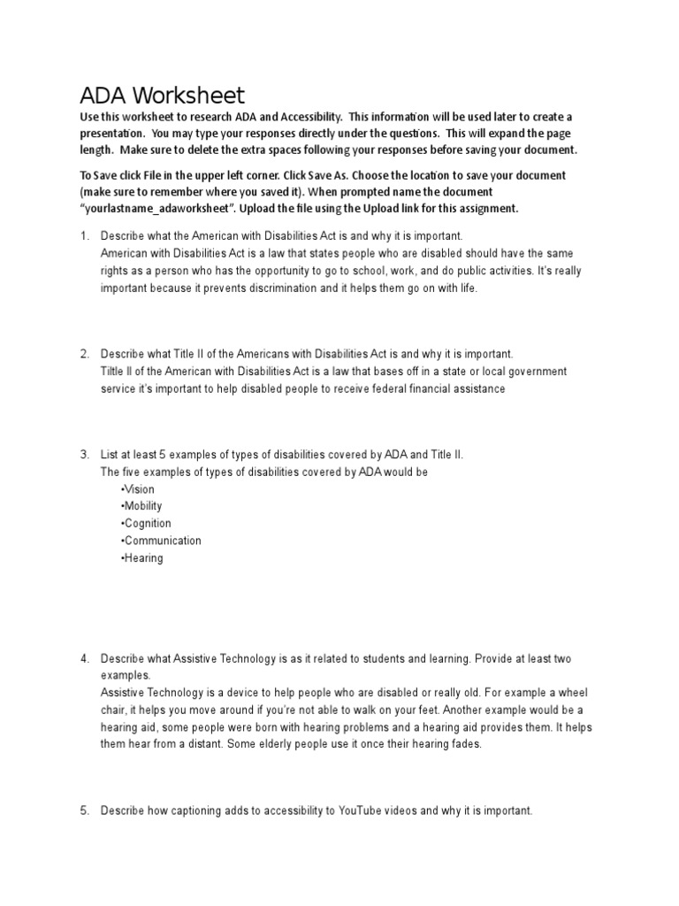 1-ada worksheet | Americans With Disabilities Act Of 1990 ...