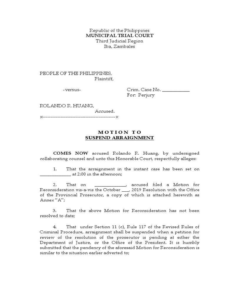 Motion To Suspend Arraignment | PDF | Prosecutor | Arraignment
