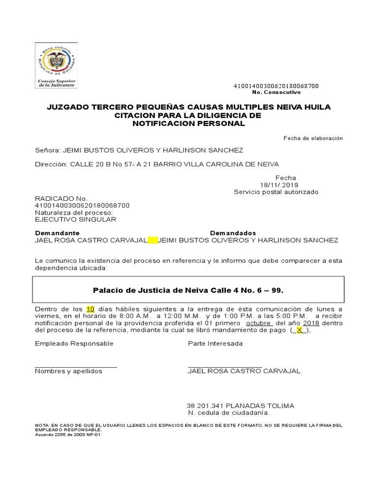 70 Formato de Citacion para Notificacion Personal Auto Admisorio de ... 70 Formato de Citacion para Notificacion Personal Auto Admisorio de ...