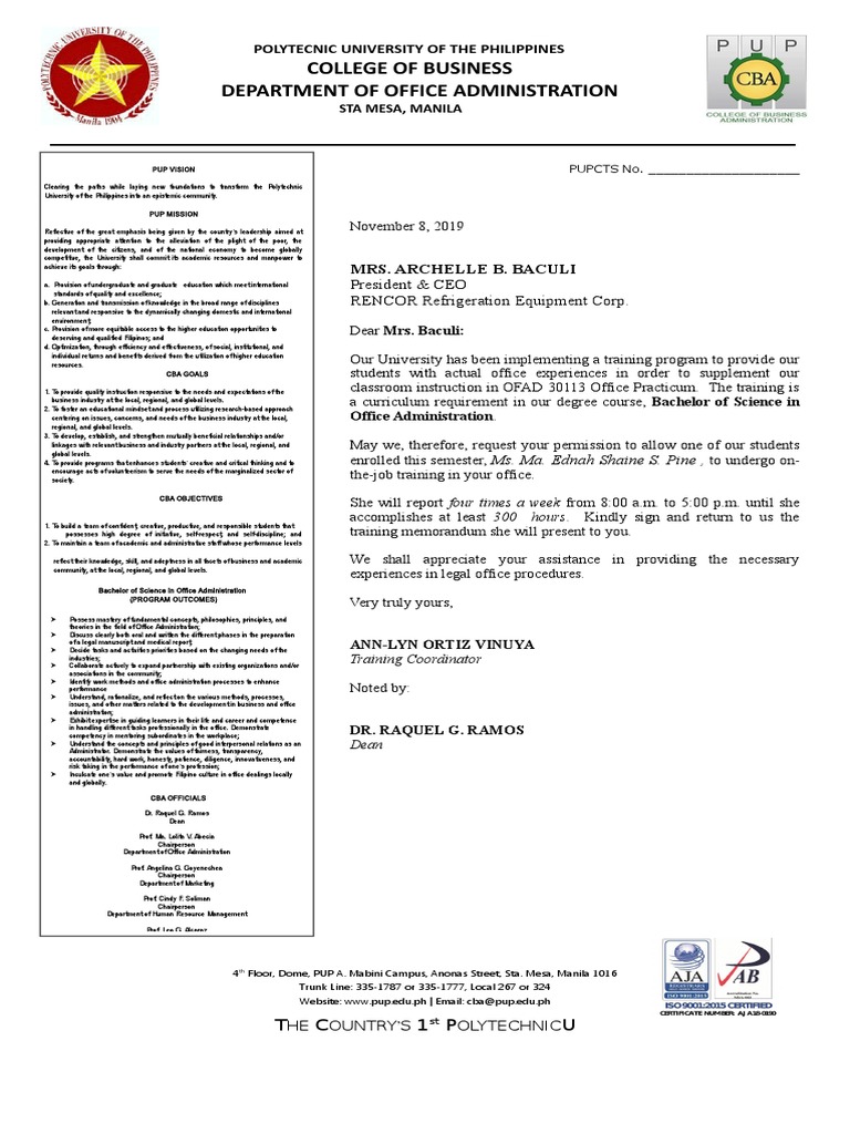 Office Practicum Training Request Letter | PDF | University | Academic Degree