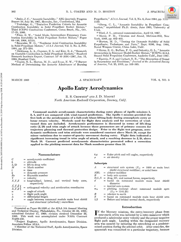 Apollo Entry Aerodynamics | PDF | Apollo (Spacecraft) | Atmospheric Entry
