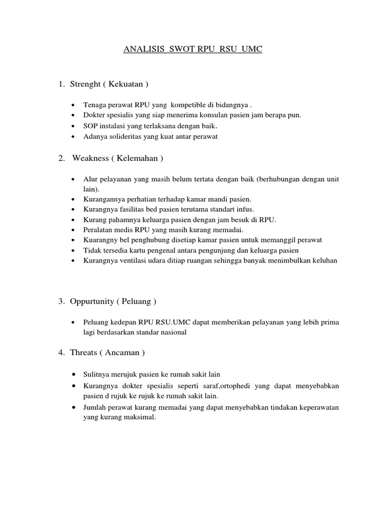 Analisis Swot Ruang Rpu Rsu Umc | PDF