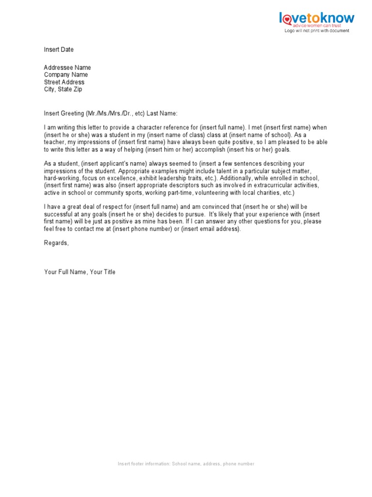 Sample Character Reference Letter Current or Former Student | PDF