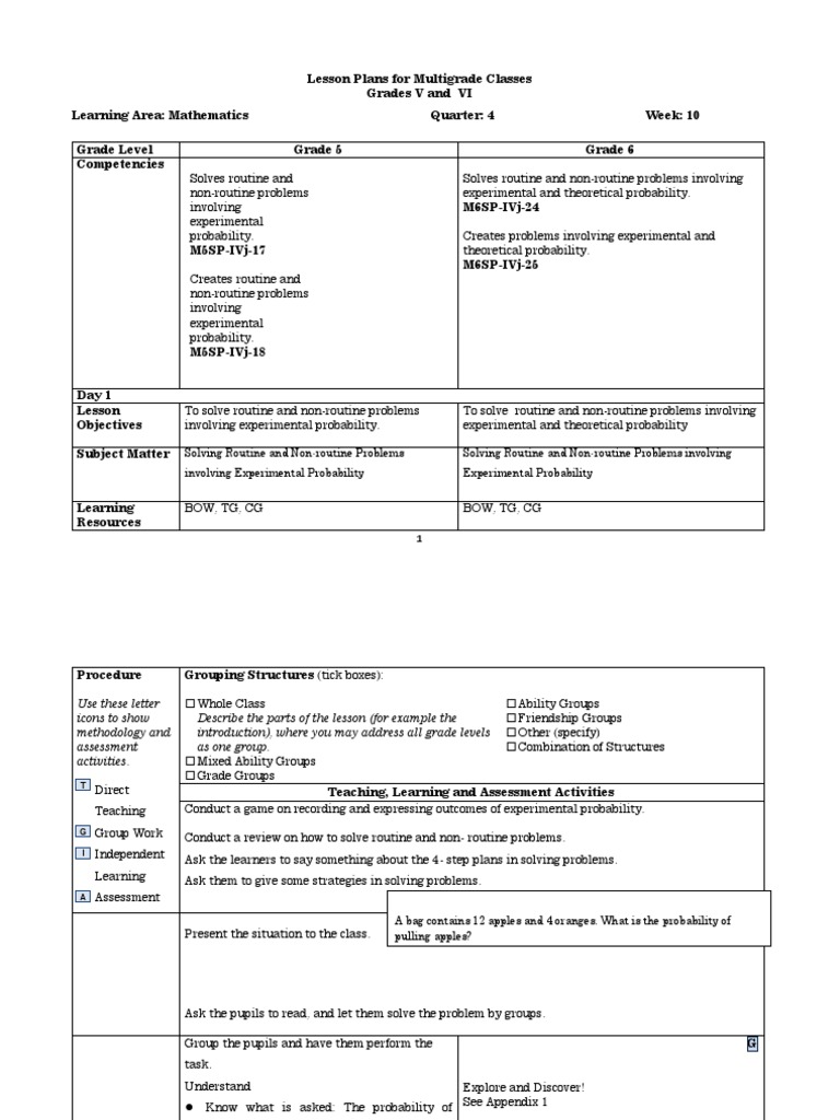 Math 5 and 6 Week 10 q4 DLP | PDF | Probability | Teachers