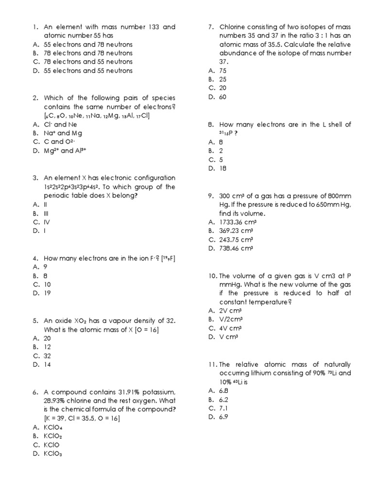 Year 11 Chemistry Quiz | PDF | Atoms | Hydrogen