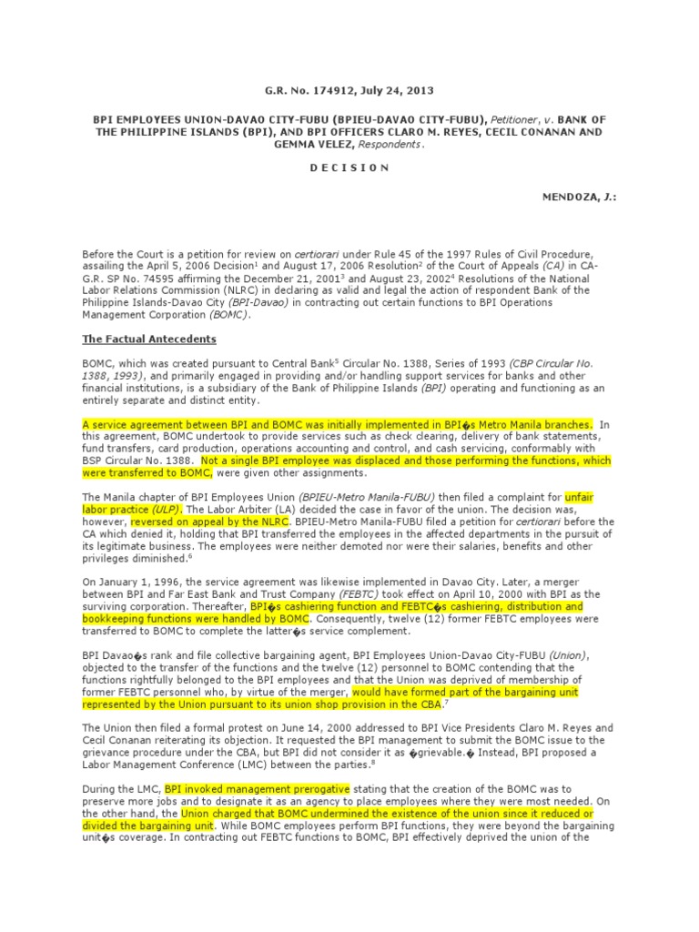 3 BPI Employee Union-Davao V BPI | PDF | Trade Union | Collective Bargaining