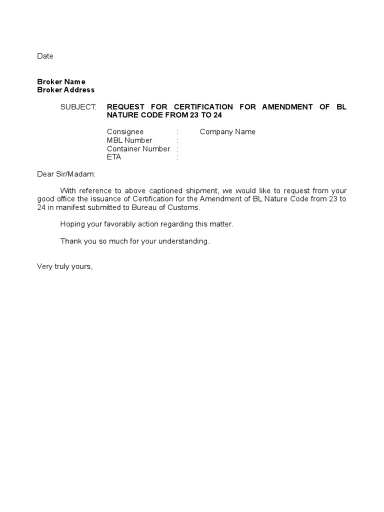 Request For Certification For Amendment of BL Nature Code | PDF