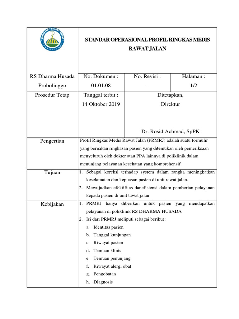 Sop PRMRJ Profil Ringkas Medis Rawat Jalan | PDF | Sains & Matematika