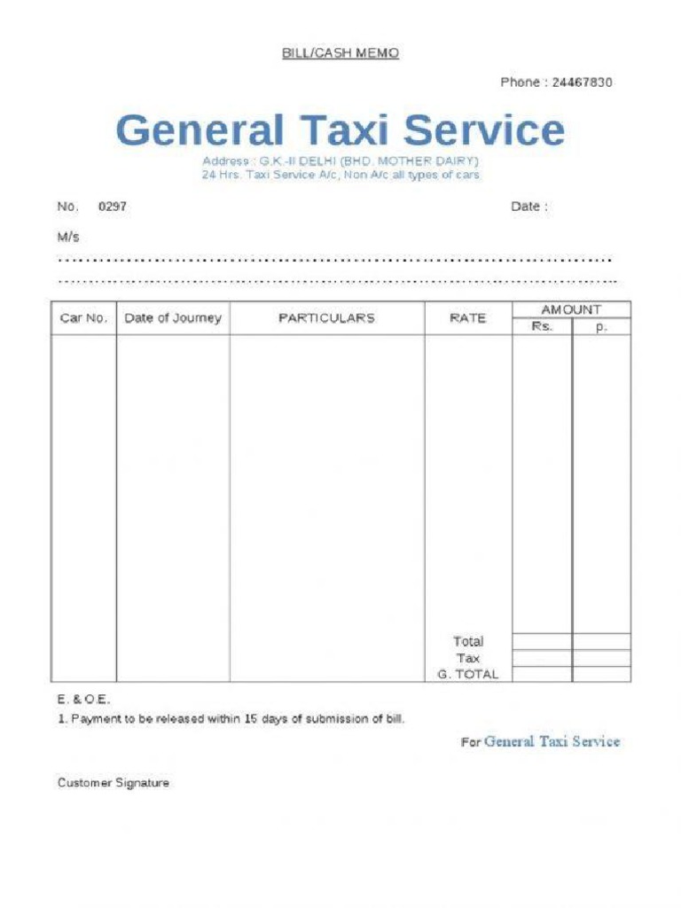 Indian Taxi Bill Format in Word 14 | PDF