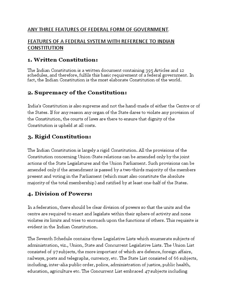 Any Three Features of Federal Form of Government | PDF | Federal ...