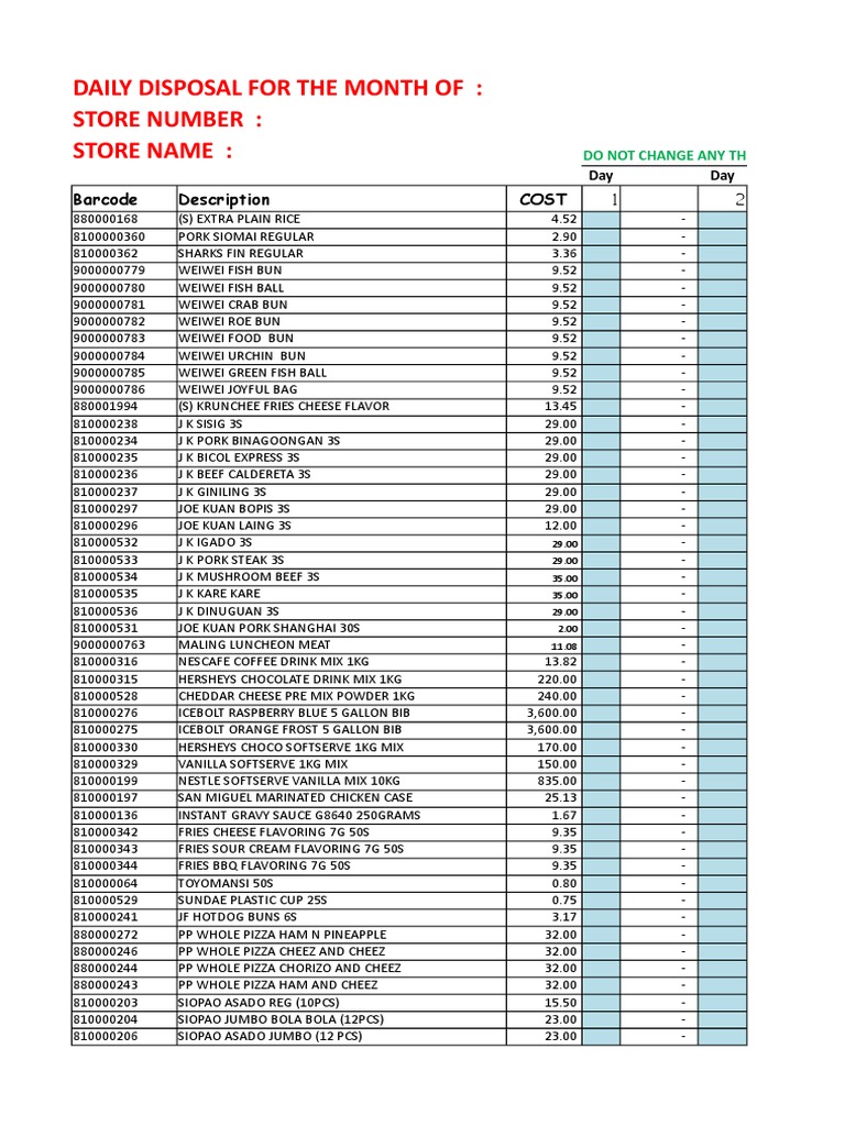 Disposal Monitoring Form V1 | PDF | Sandwich | Meat