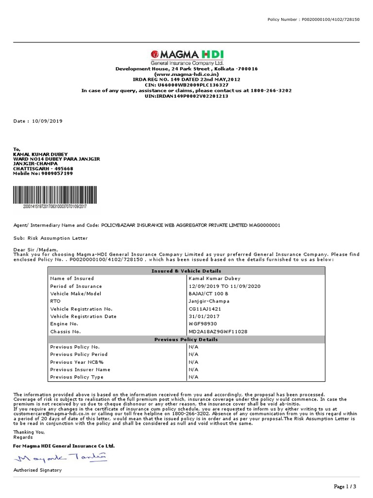 Bajaj 100b | PDF | Vehicle Insurance | Insurance Policy
