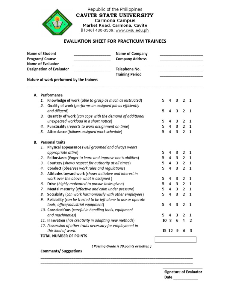 Cavite State University Practicum Evaluation Form | PDF | Employment | Behavioural Sciences