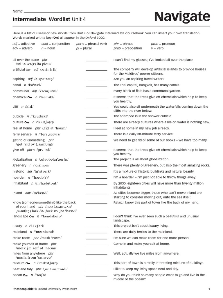 Navigate Intermediate Wordlist Unit 4 | PDF | Verb | Languages