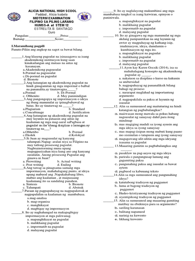 POST TEST FILIPINO SA PILING LARANGAN Ak | PDF