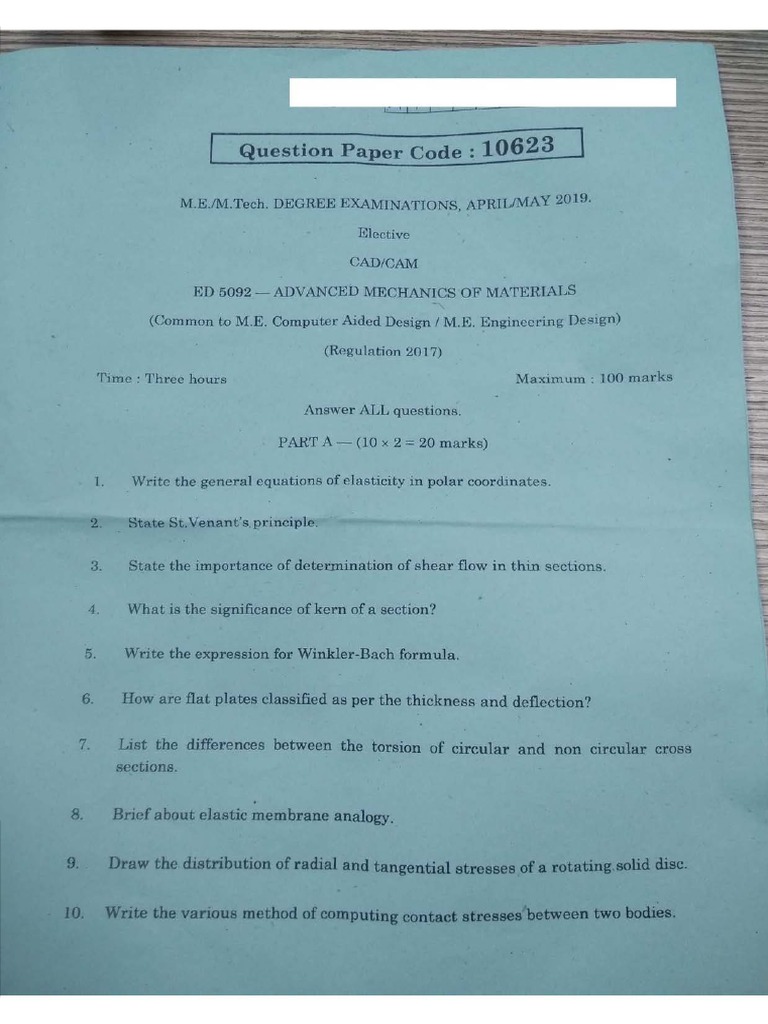 QQ 10623 Ques Paper | PDF | Shear Stress | Stress (Mechanics)