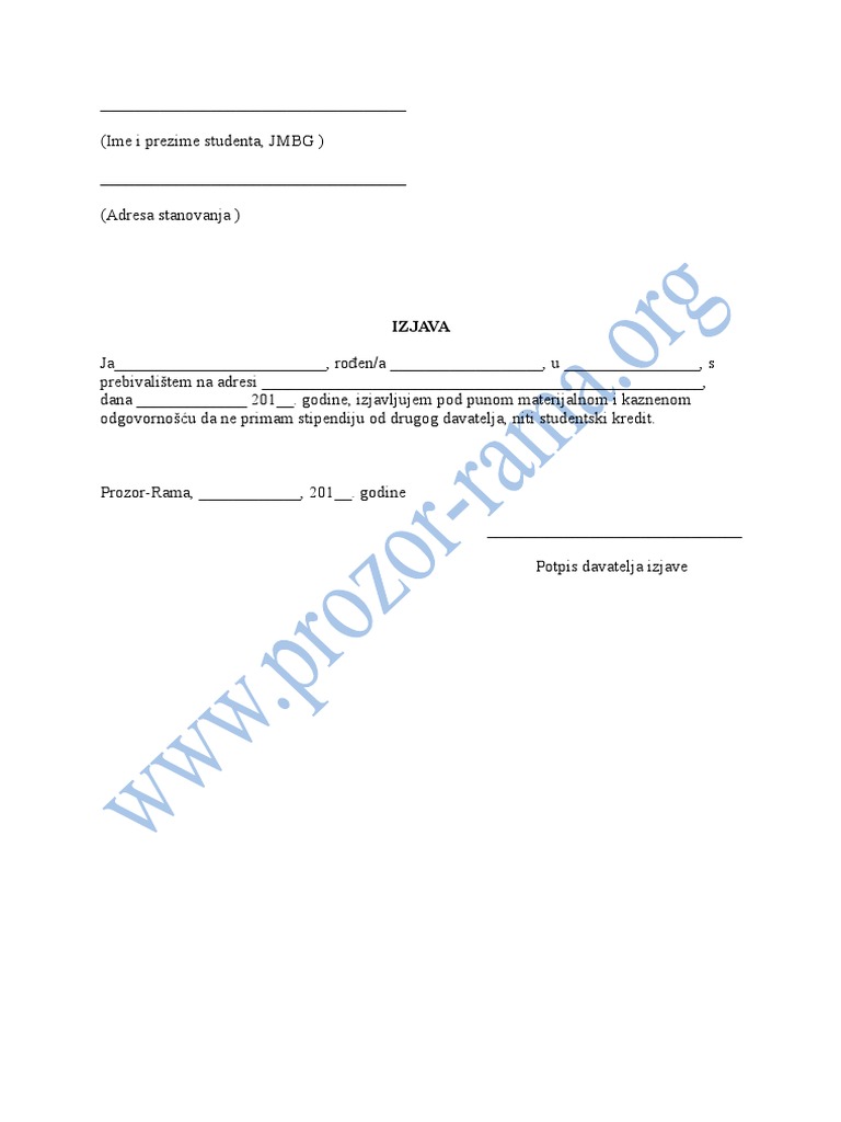 Opcina Prozor Rama Izjava o Neprimanju Stipendija | PDF