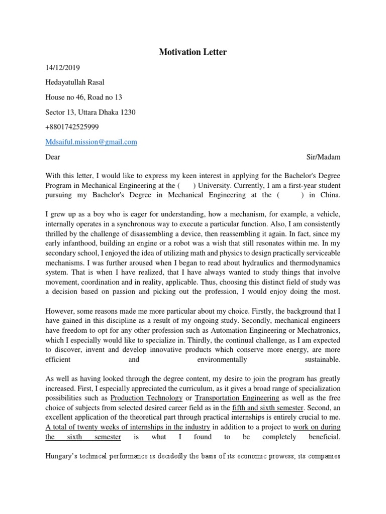Motivation Letter | PDF | Engineering | Mechanical Engineering