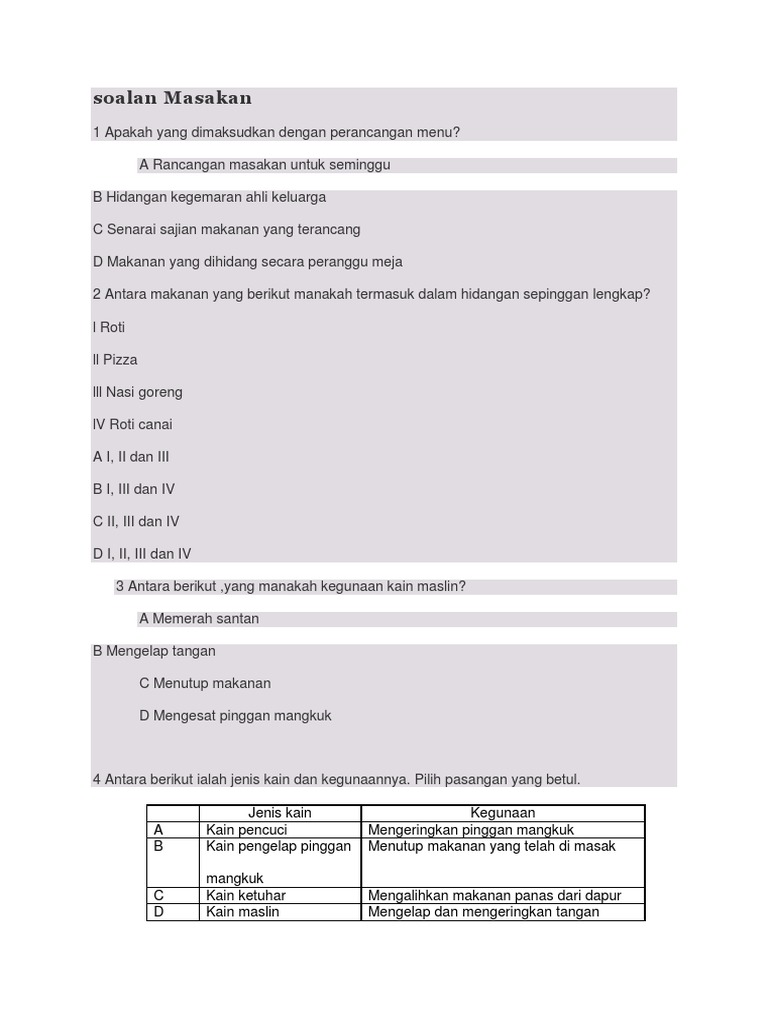 Soalan Masakan Perancangan Menu | PDF